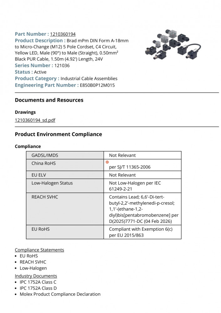 MOLEX E850 cordset drawing, page 1