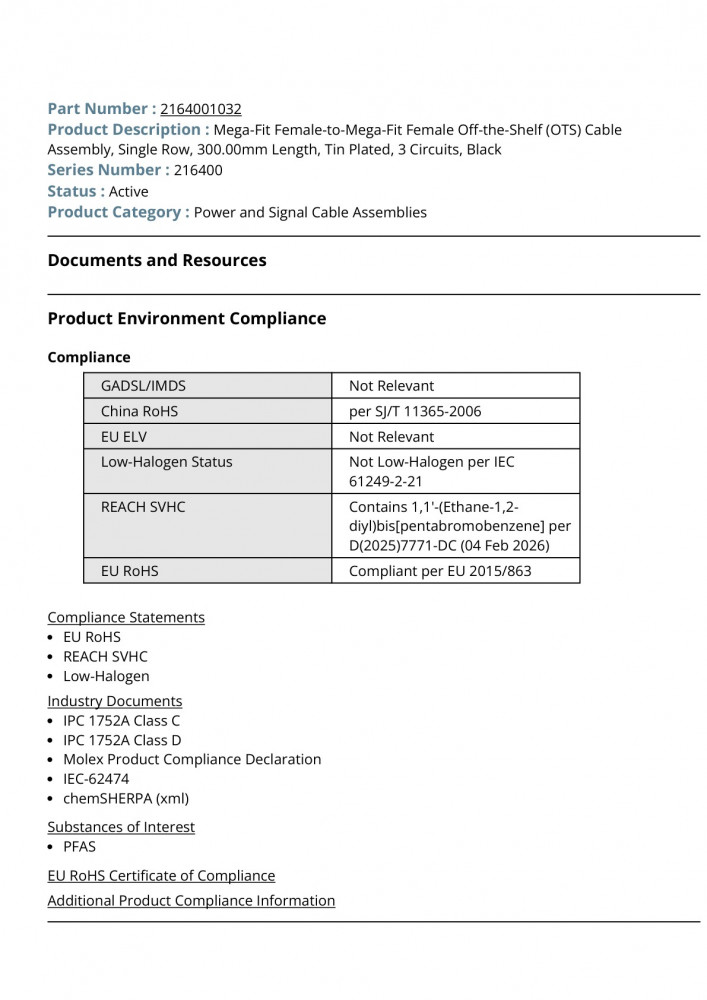Technical document image 1 for Molex 2164001032