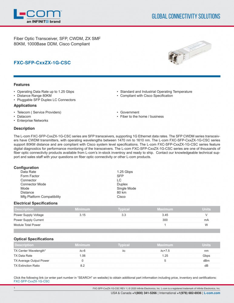 FXC-SFP-C47ZX-1G-CSC datasheet page 1