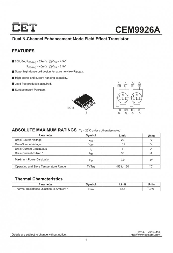 CEM9926A datasheet page 1