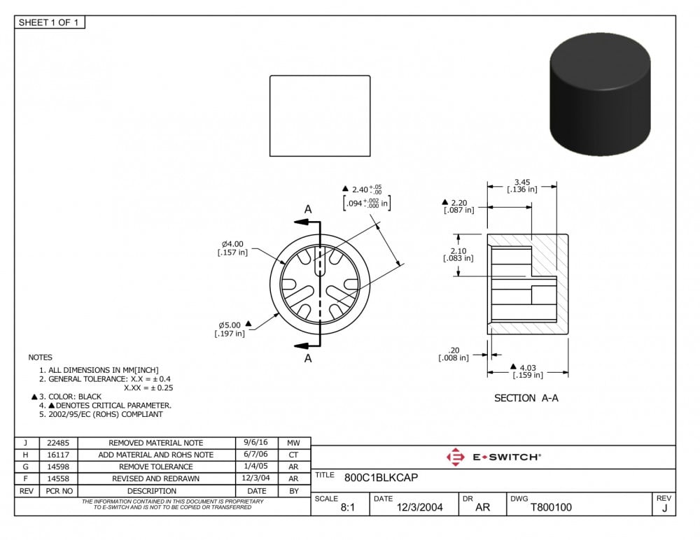 E-Switch 800C1BLK technical drawing