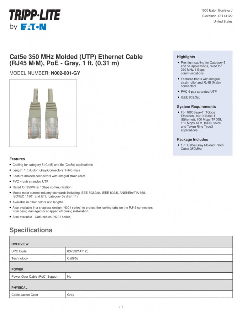 EATON N002-001-GY technical document page 1