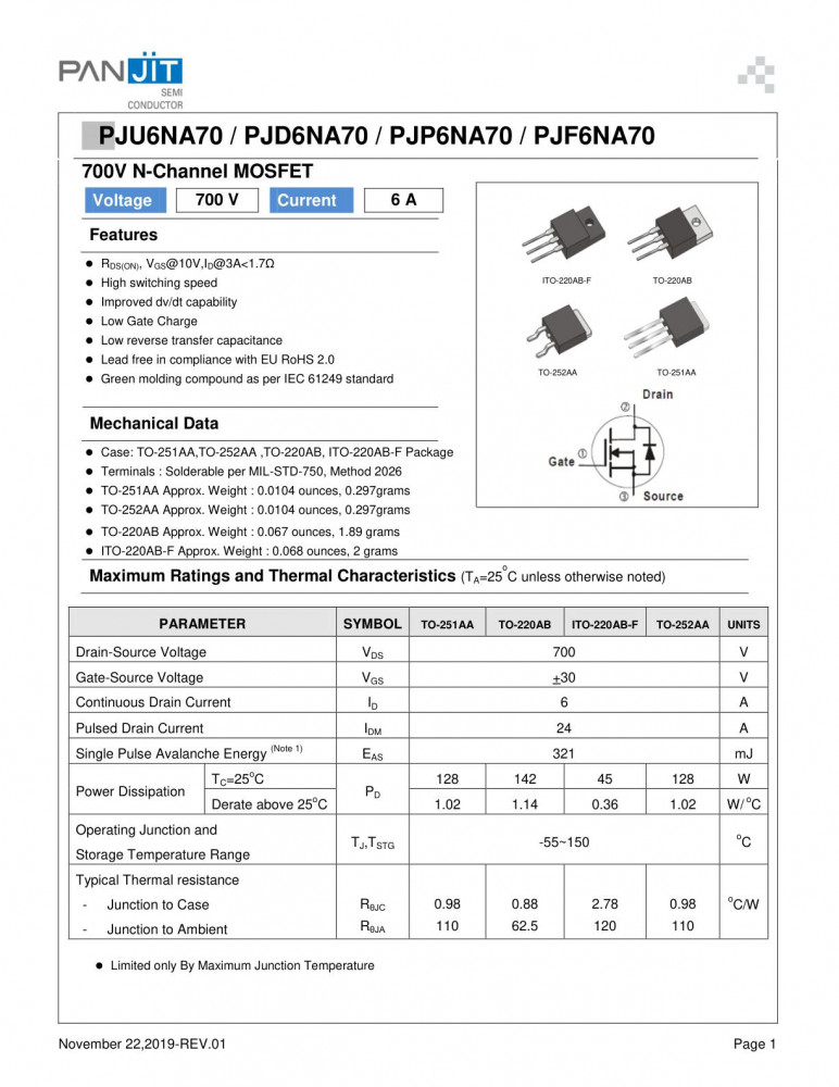 PANJIT PJD6NA70 datasheet page 1