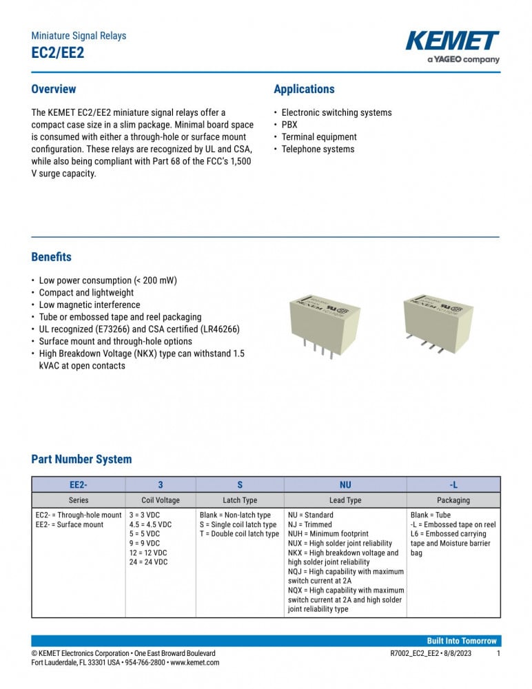 KEMET EE2 relay datasheet page 1