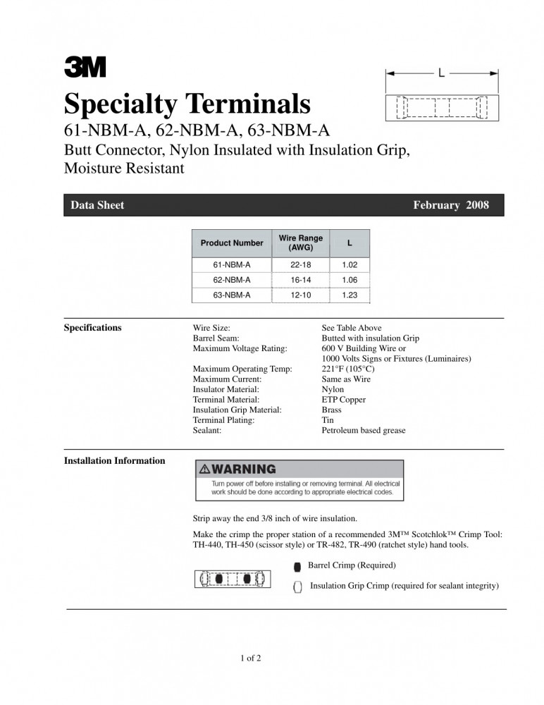 3M Specialty Terminals 62-NBM-A technical document page 1
