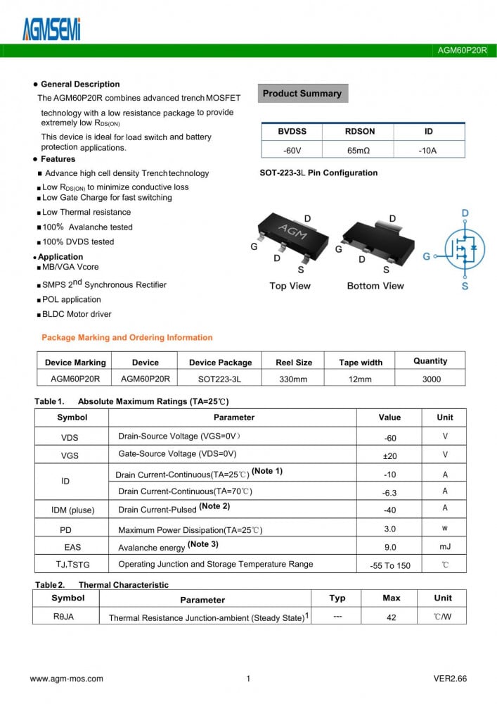 AGM60P20R datasheet page 1