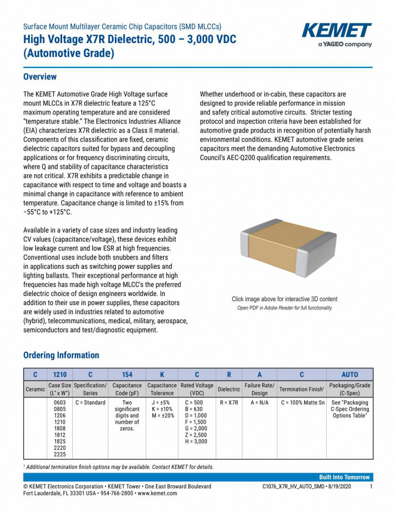 KEMET high-voltage automotive MLCC datasheet page 1