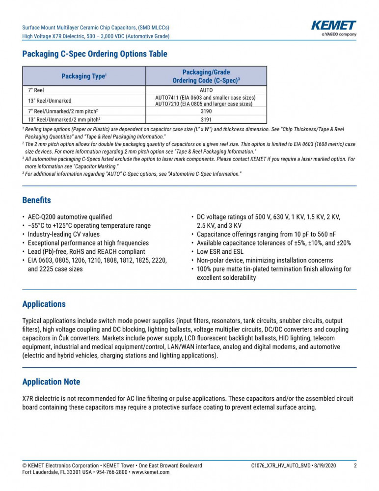 KEMET high-voltage automotive MLCC datasheet page 2