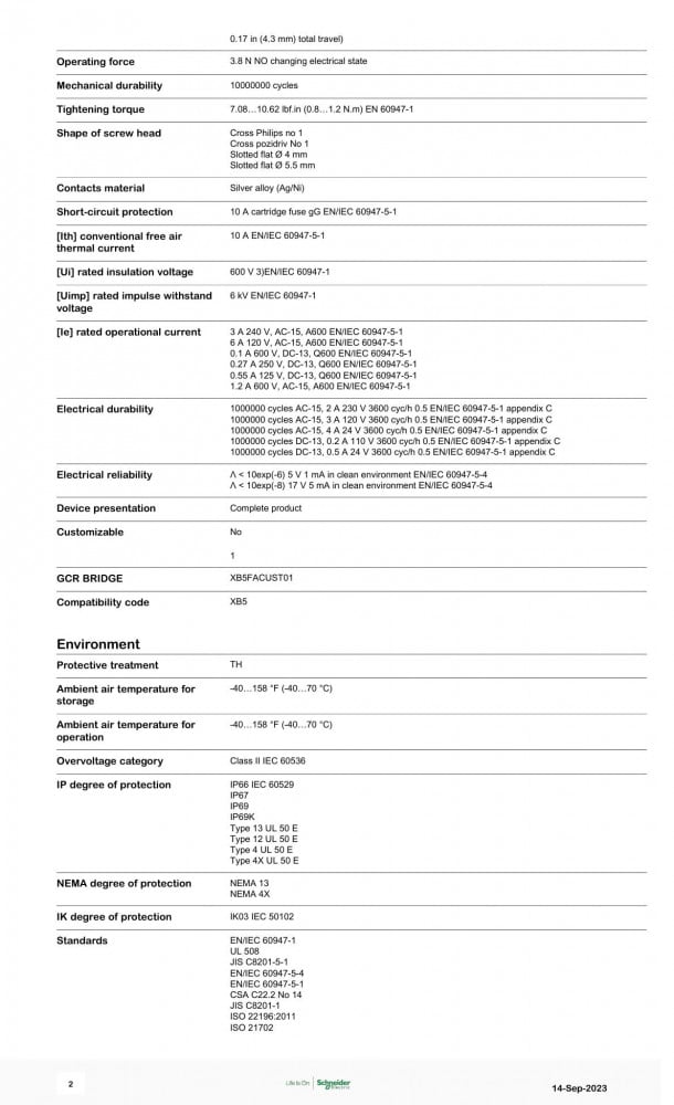 XB5FA51 technical document page 2