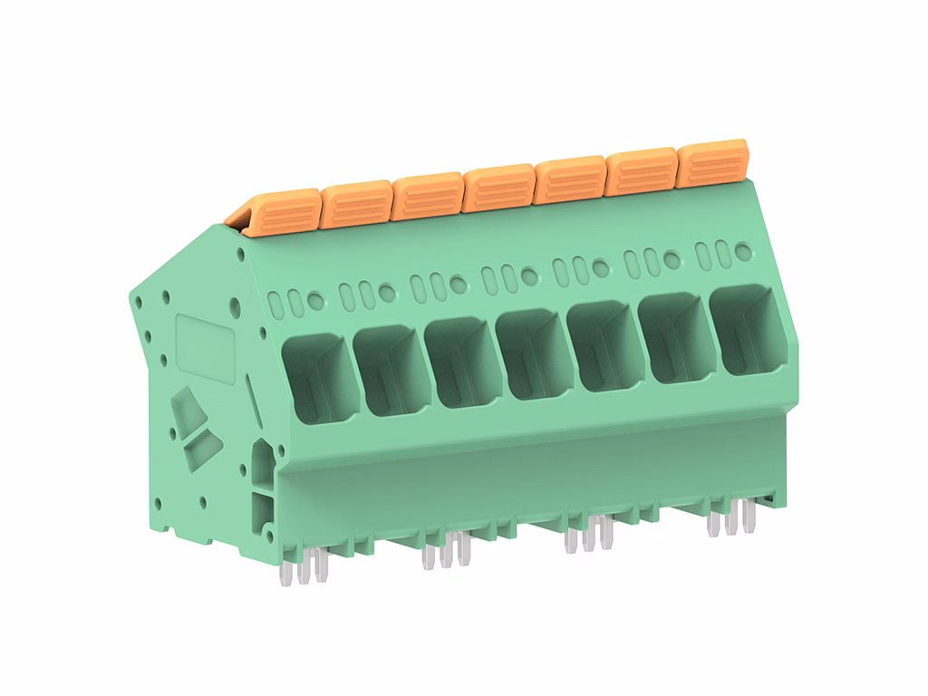 10.00mm Pitch Lever Activated Fixed Mount PCB Terminal Block, 35° Wire Entry, Left Front Terminal, 7 Circuit for sale