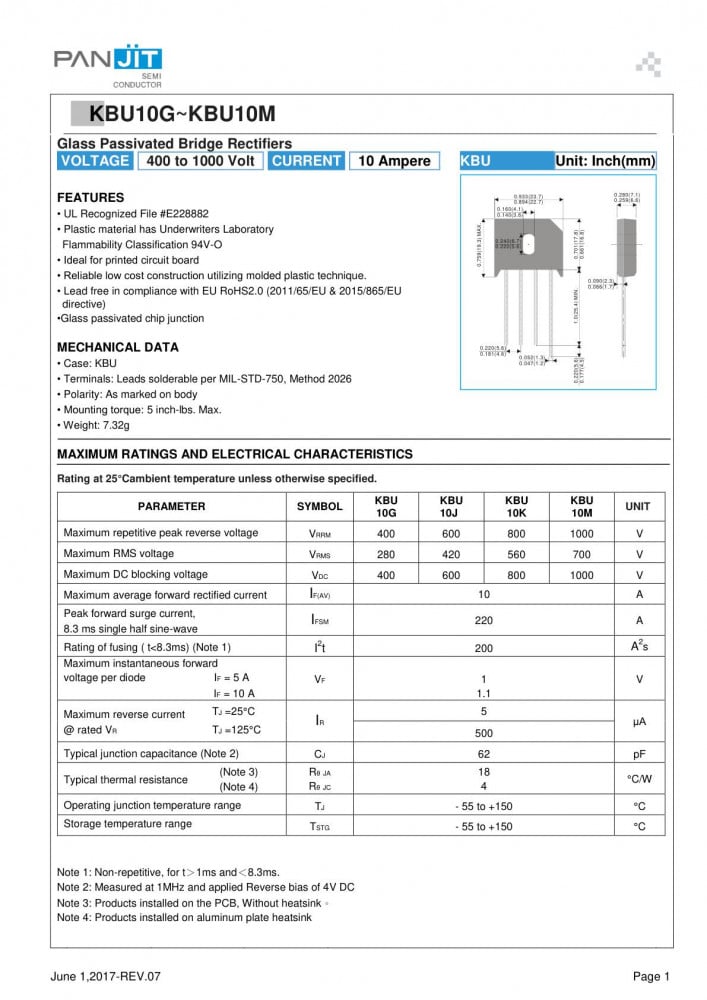 PANJIT KBU10M datasheet page 1