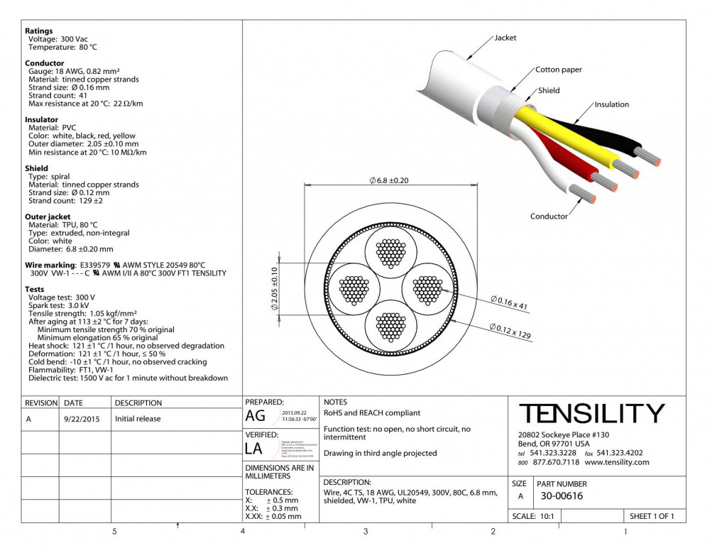 Tensility International 30-00616 shielded wire product drawing