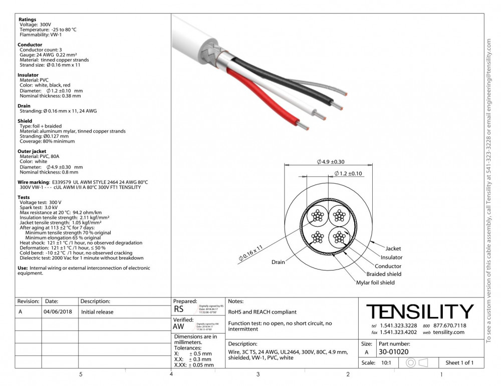 Tensility International 30-01020 product drawing and cable specification