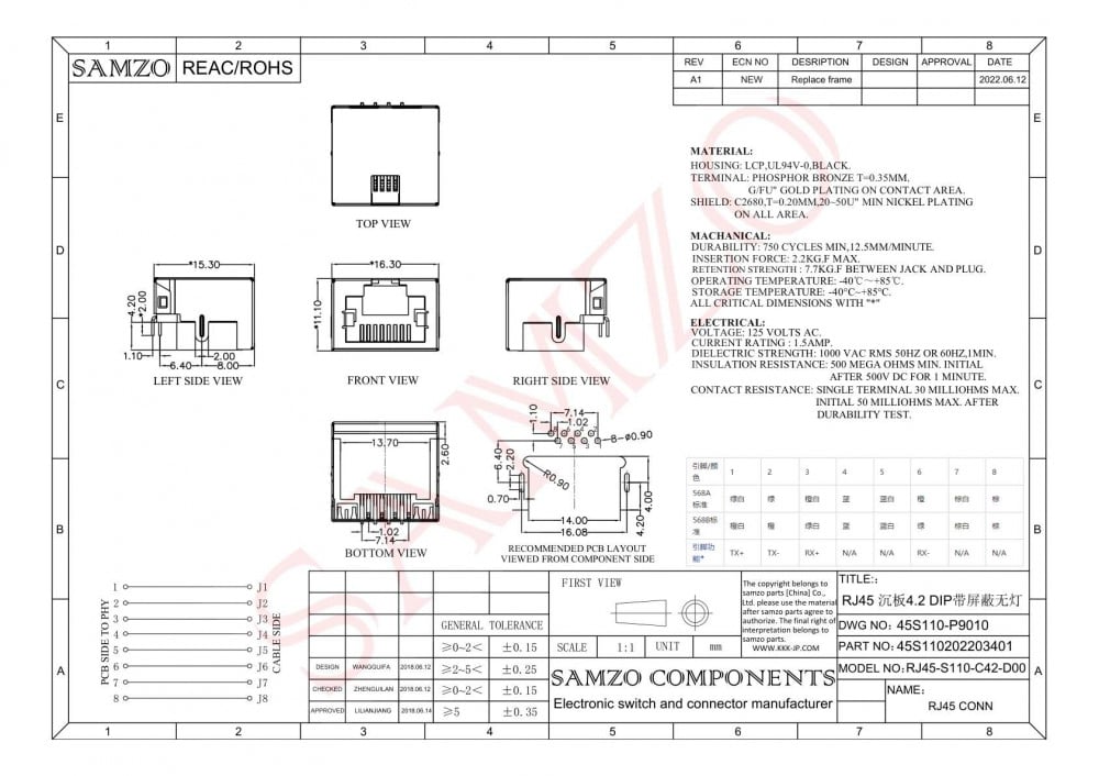 RJ45-S110-C42-D00 mechanical and electrical drawing