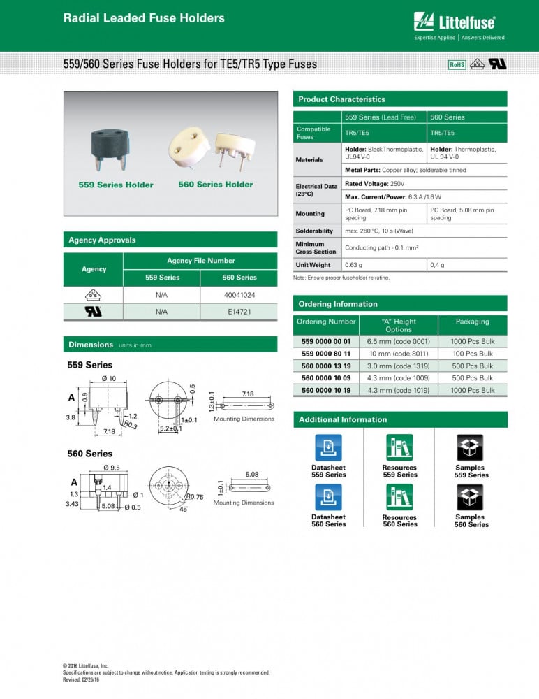 Littelfuse 559 and 560 Series fuse holder datasheet page