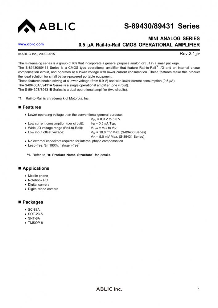ABLIC S-89430 Series datasheet page 1