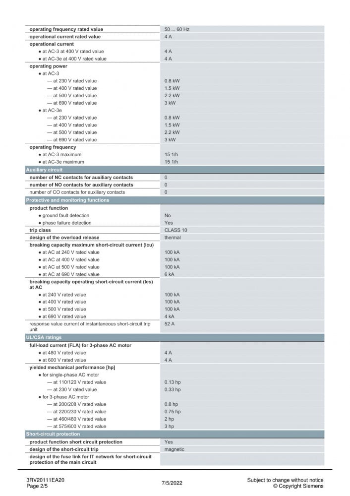 3RV20111EA20 technical document page 2