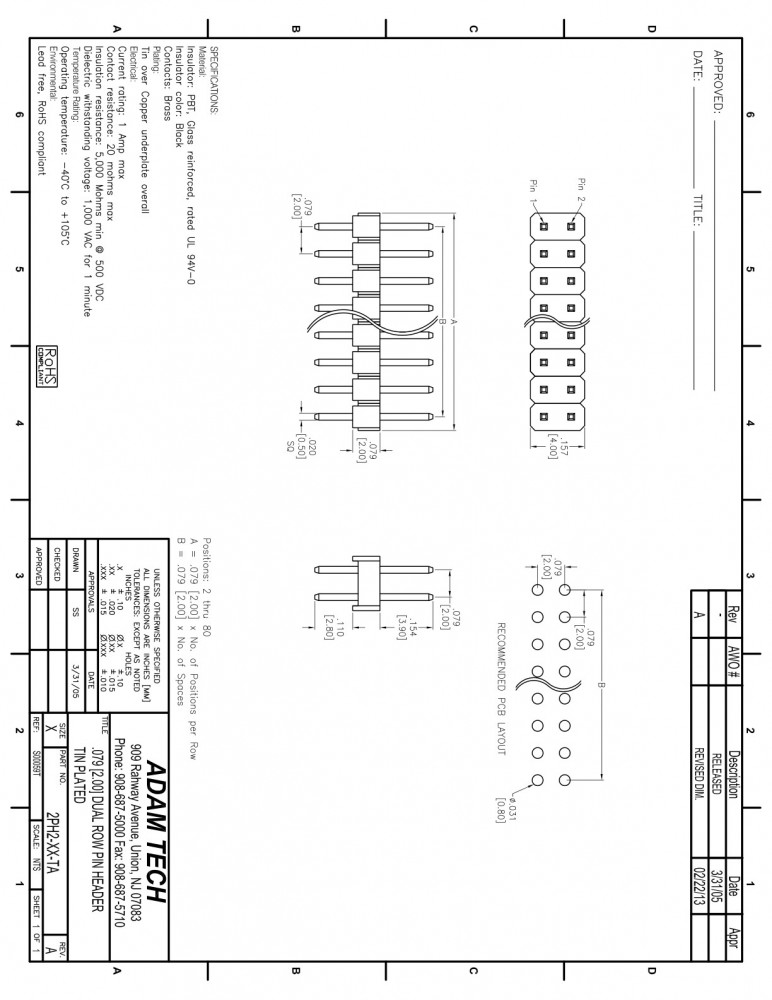 ADAM TECH 2PH2-XX-TA dual row pin header technical drawing