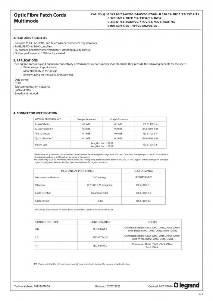 Legrand multimode optic fibre patch cords documentation, page 2