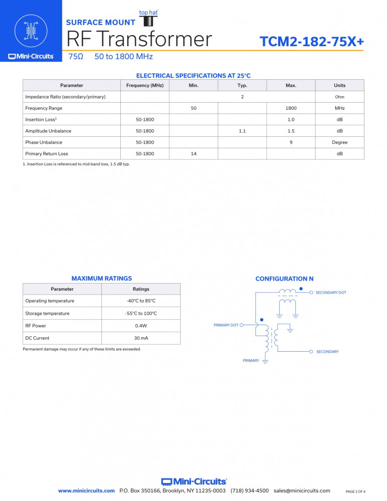 TCM2-182-75X+ technical document page 2