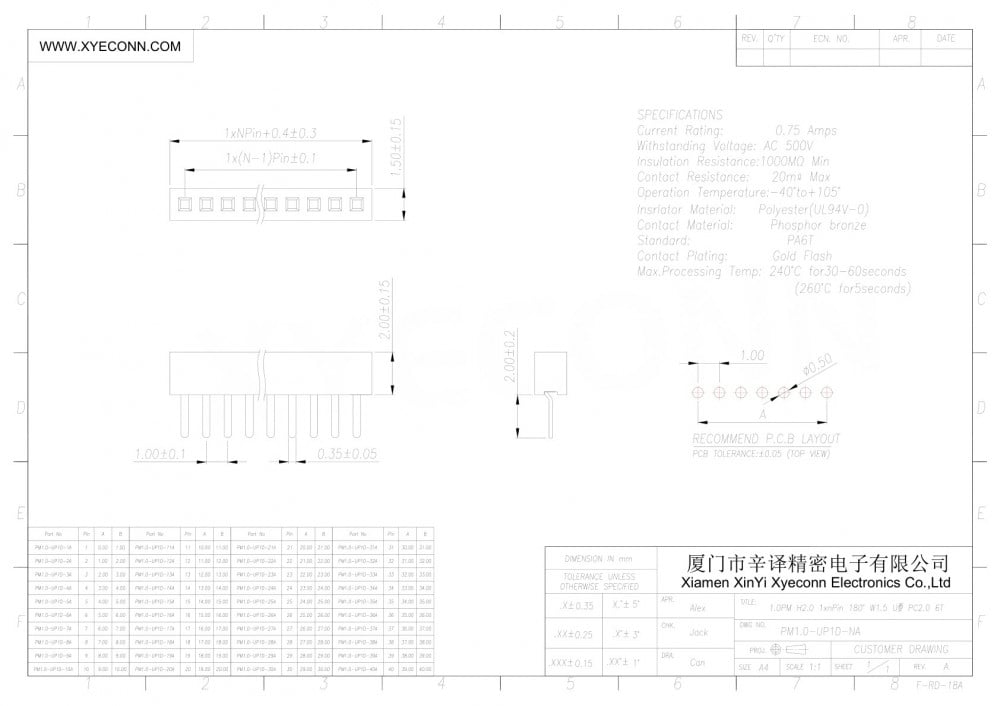 XYECONN PM1.0-UP1D-3A technical drawing and PCB layout reference