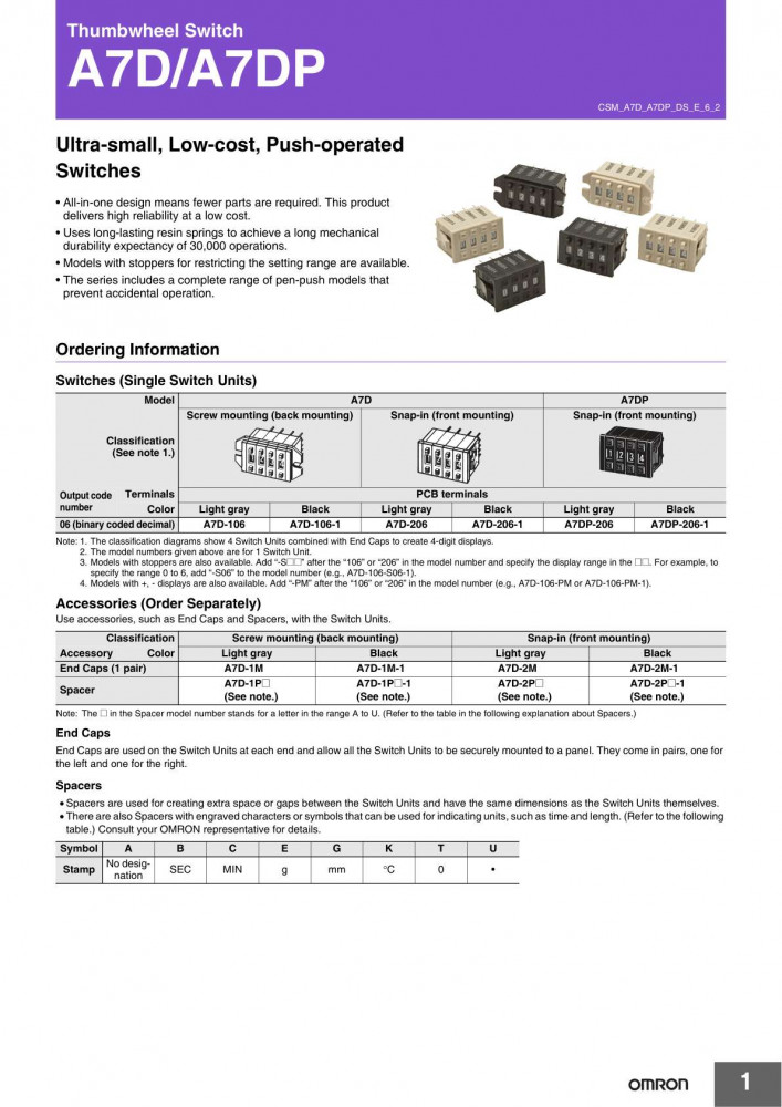 OMRON A7D-106 datasheet page 1