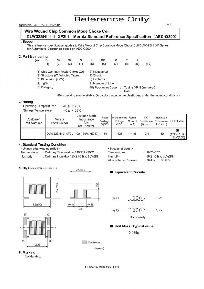DLW32SH101XF2L specification page 1