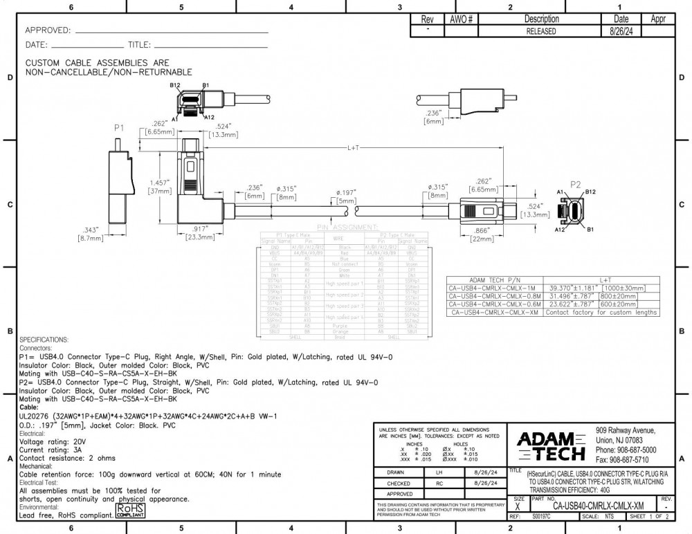 ADAM TECH USB4 cable assembly technical drawing, page 1