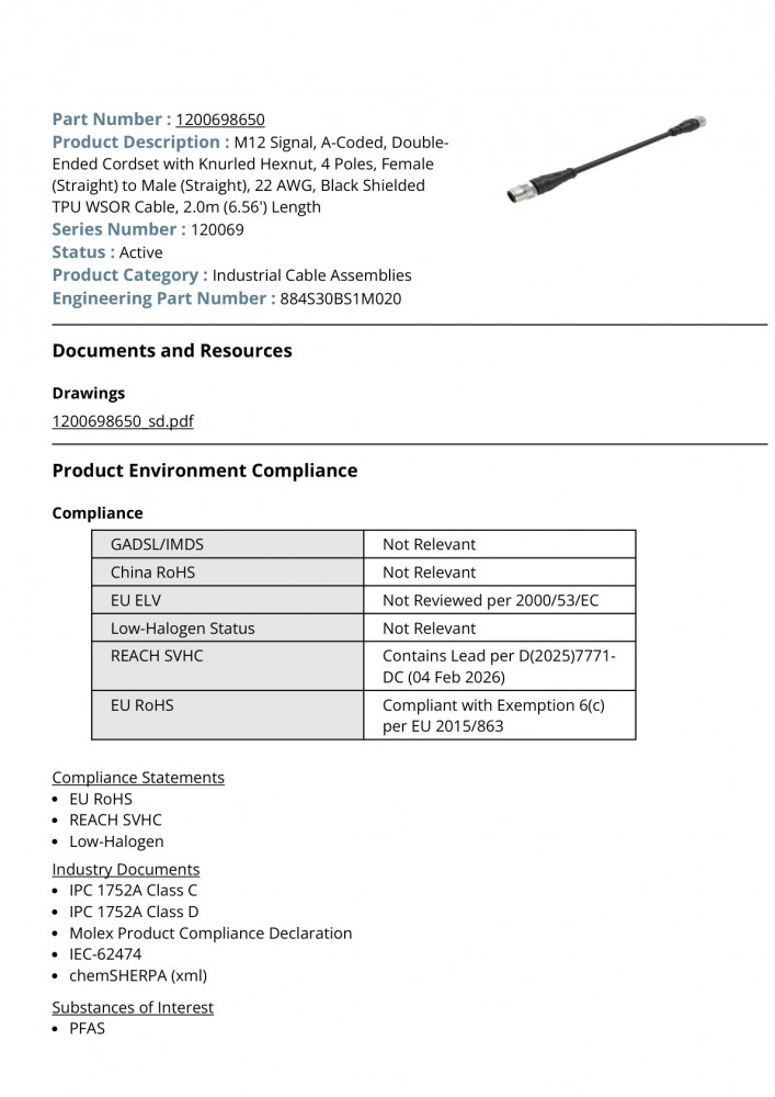 MOLEX 1200698650 technical drawing, page 1