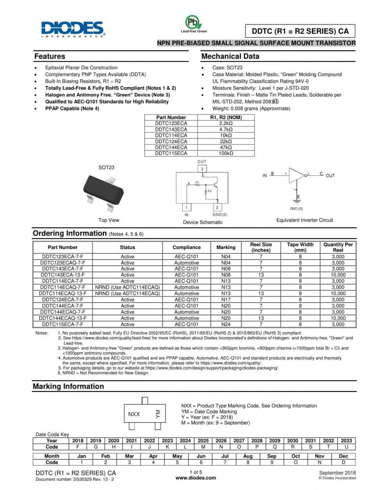 DDTC114ECAQ-13-F datasheet page 1