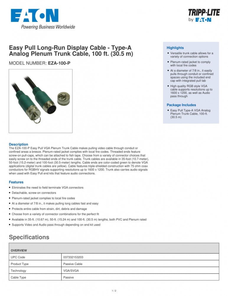 EZA-100-P product document page 1
