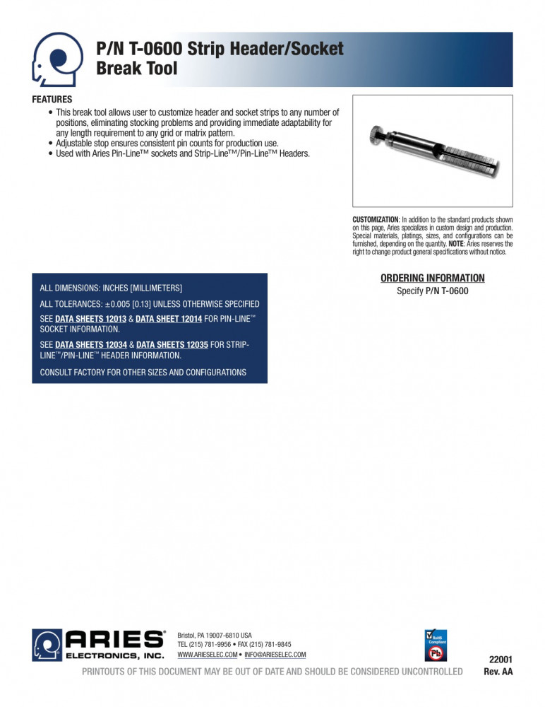 Aries Electronics break tool product documentation