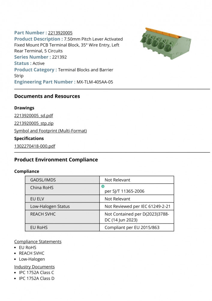 MOLEX 2213920005 technical document image, page 1