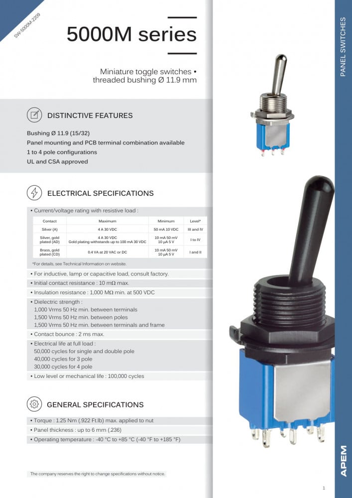 APEM 5000M series technical page 1