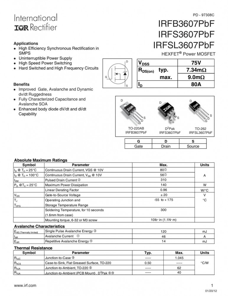 IRFB3607PBF datasheet page 1