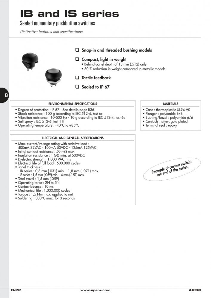 APEM IB and IS series datasheet page 1
