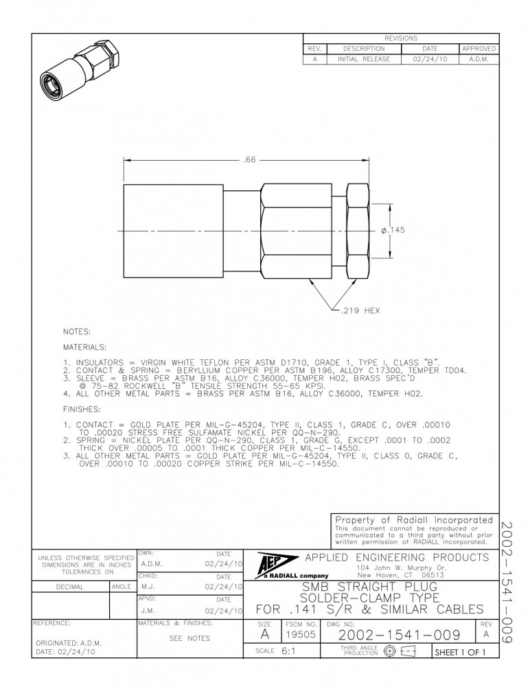 Radiall 2002-1541-009 SMB straight plug drawing, revision A