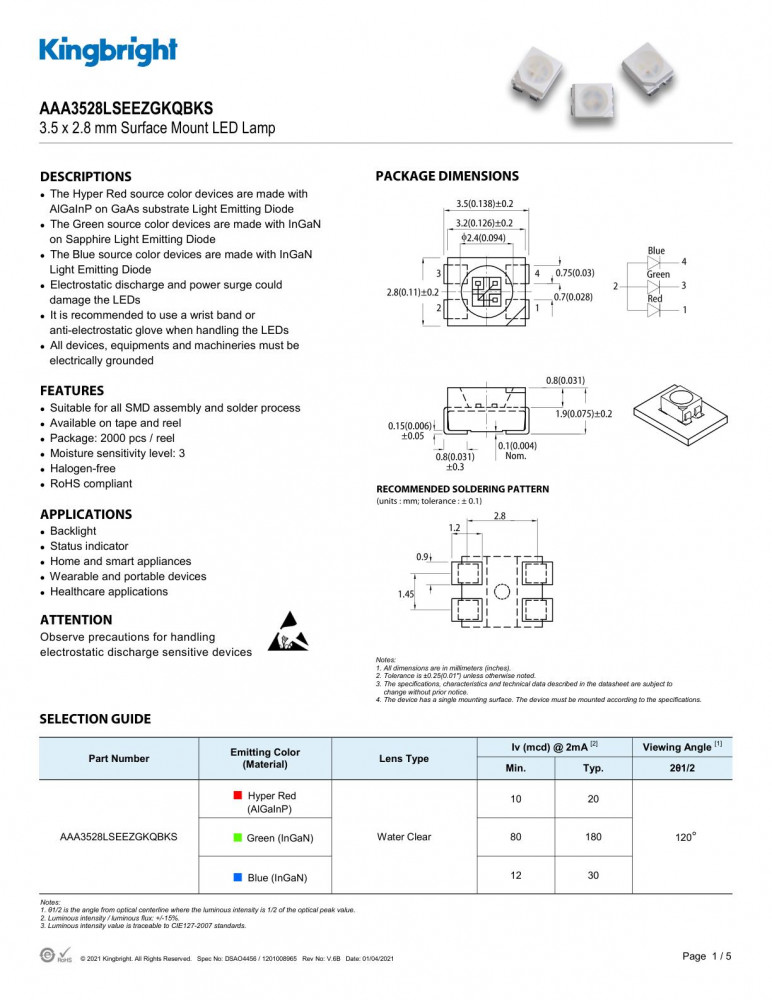 AAA3528LSEEZGKQBKS datasheet page 1