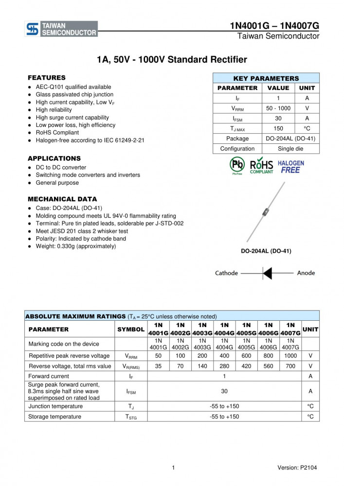 Taiwan Semiconductor 1N4001G datasheet page 1
