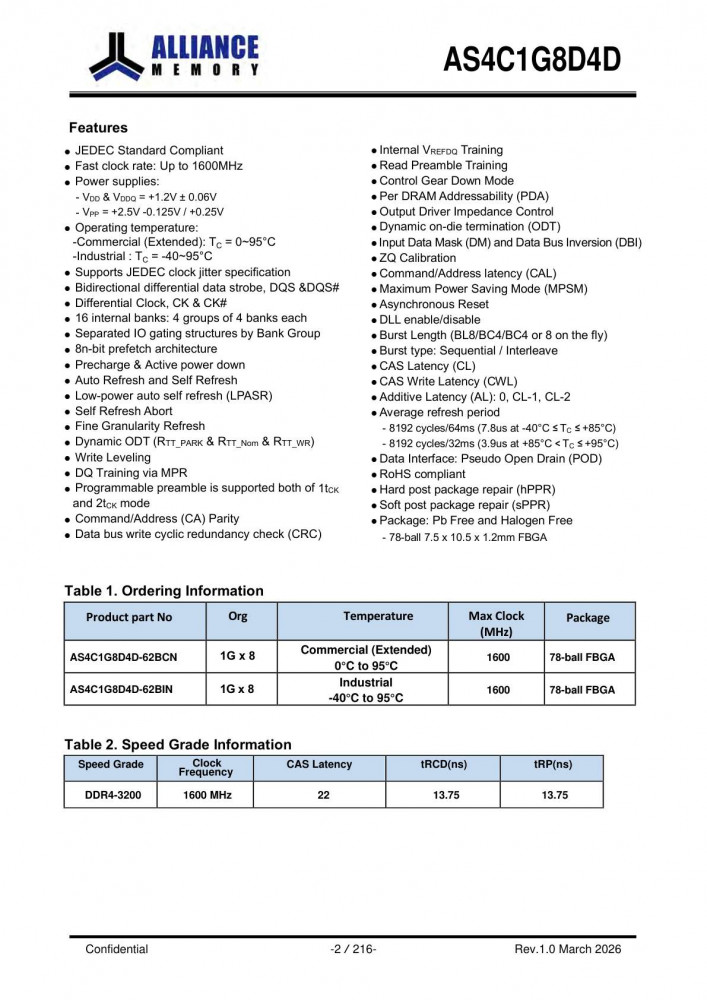 AS4C1G8D4D datasheet page 2
