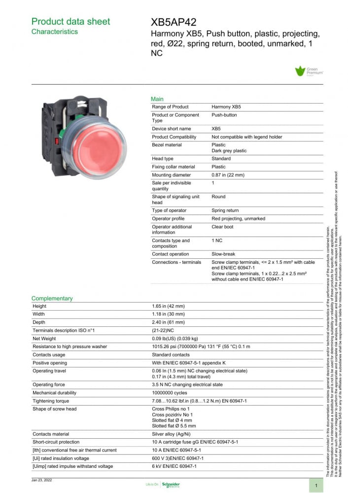 XB5AP42 technical document page 1