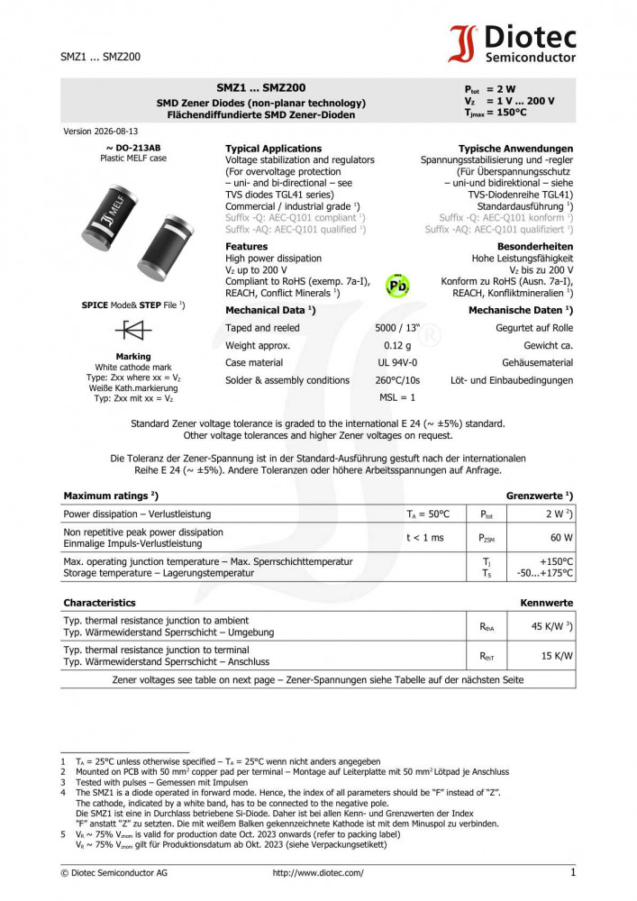 DIOTEC SMZ Zener diode datasheet page 1