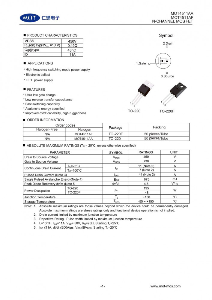 MOT4511AF datasheet page 1