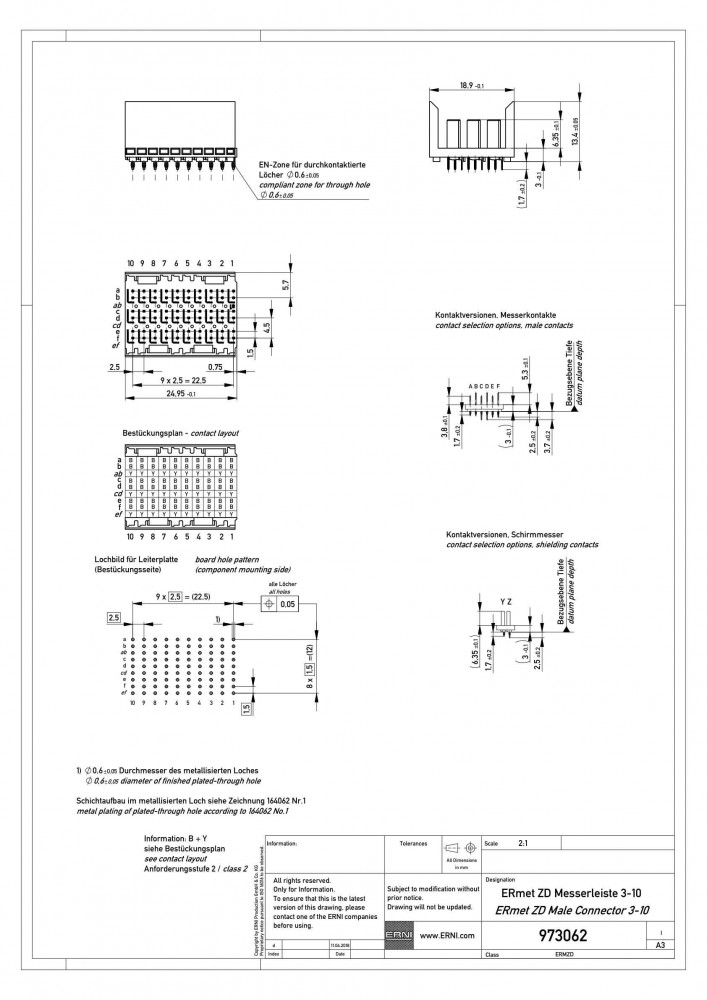 TE Connectivity ERNI 973062 PCB hole pattern and contact selection drawing