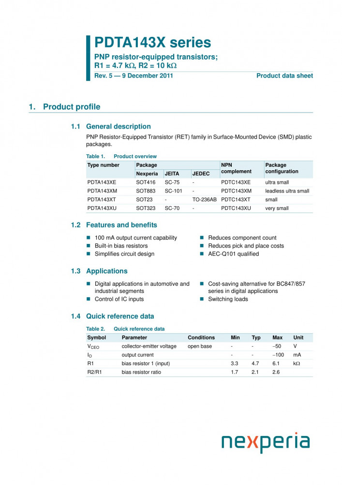 PDTA143XTVL datasheet page 1