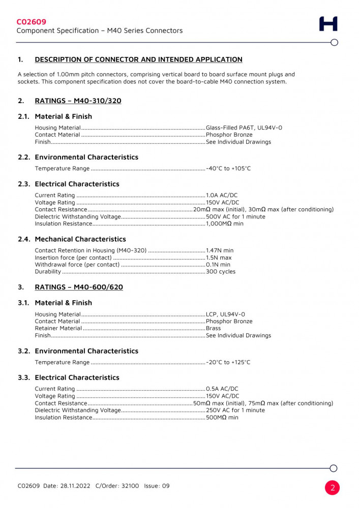 Harwin M40 specification page 2