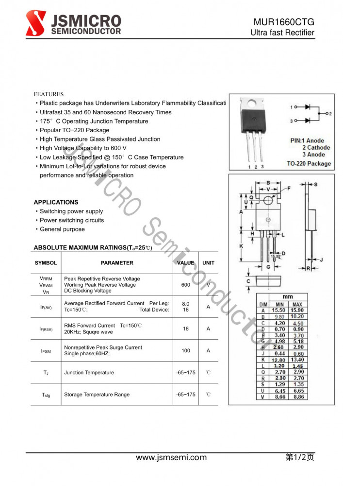 MUR1660CTG datasheet page 1