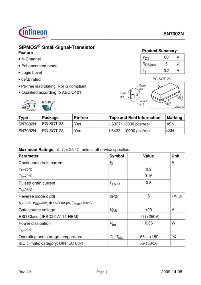 SN7002W H6433 datasheet page 1