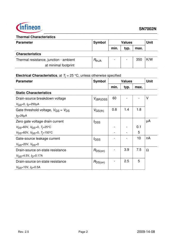 SN7002W H6433 datasheet page 2