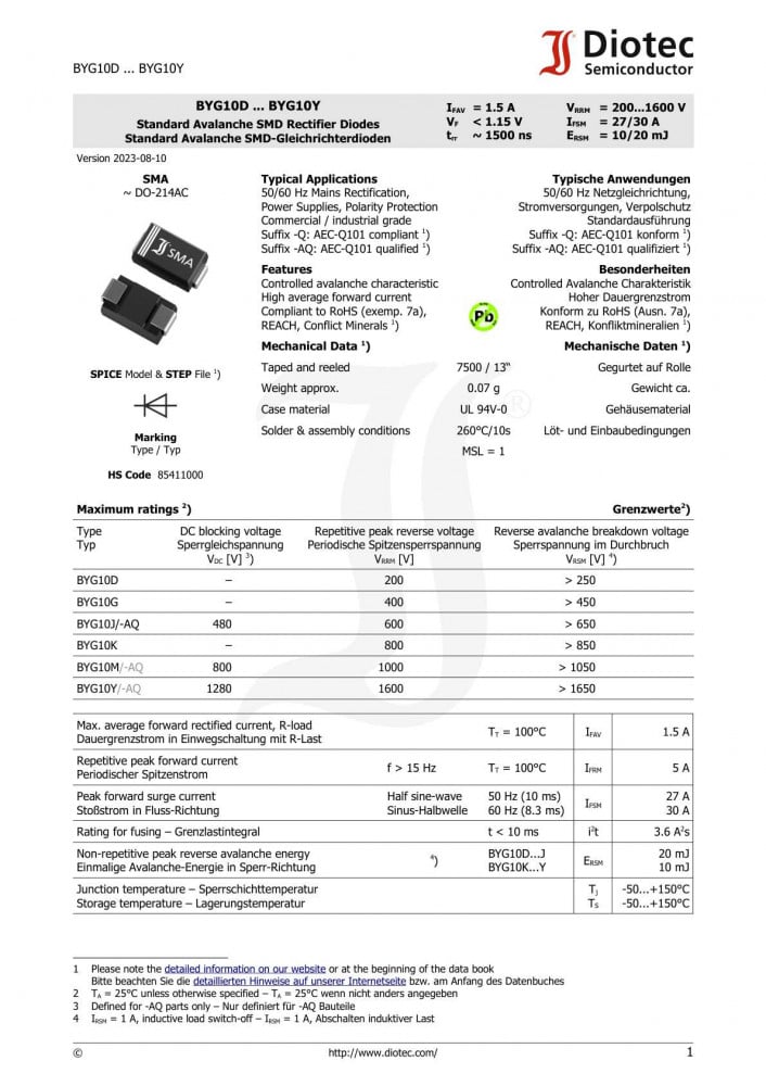 BYG10Y datasheet page 1